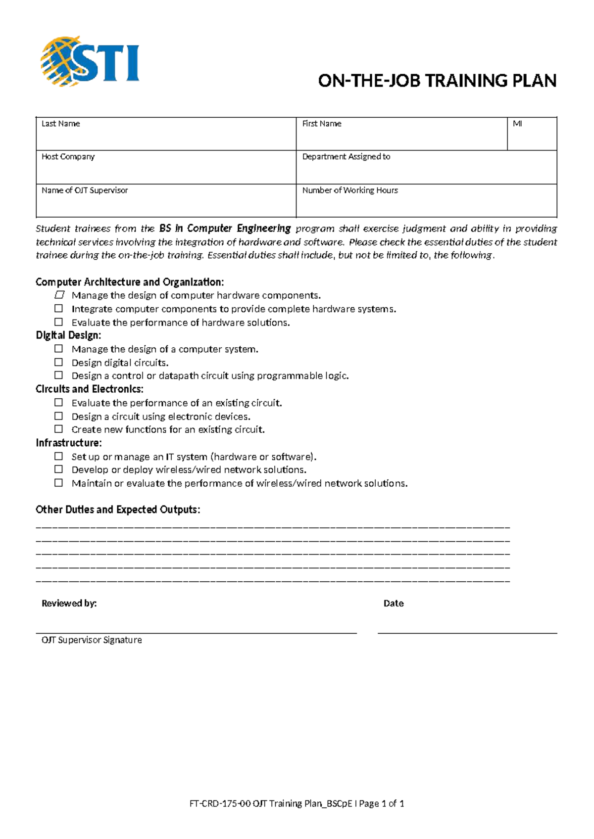 FT-CRD-175-00 OJT Training Plan for BS in Computer Engineering - Studocu