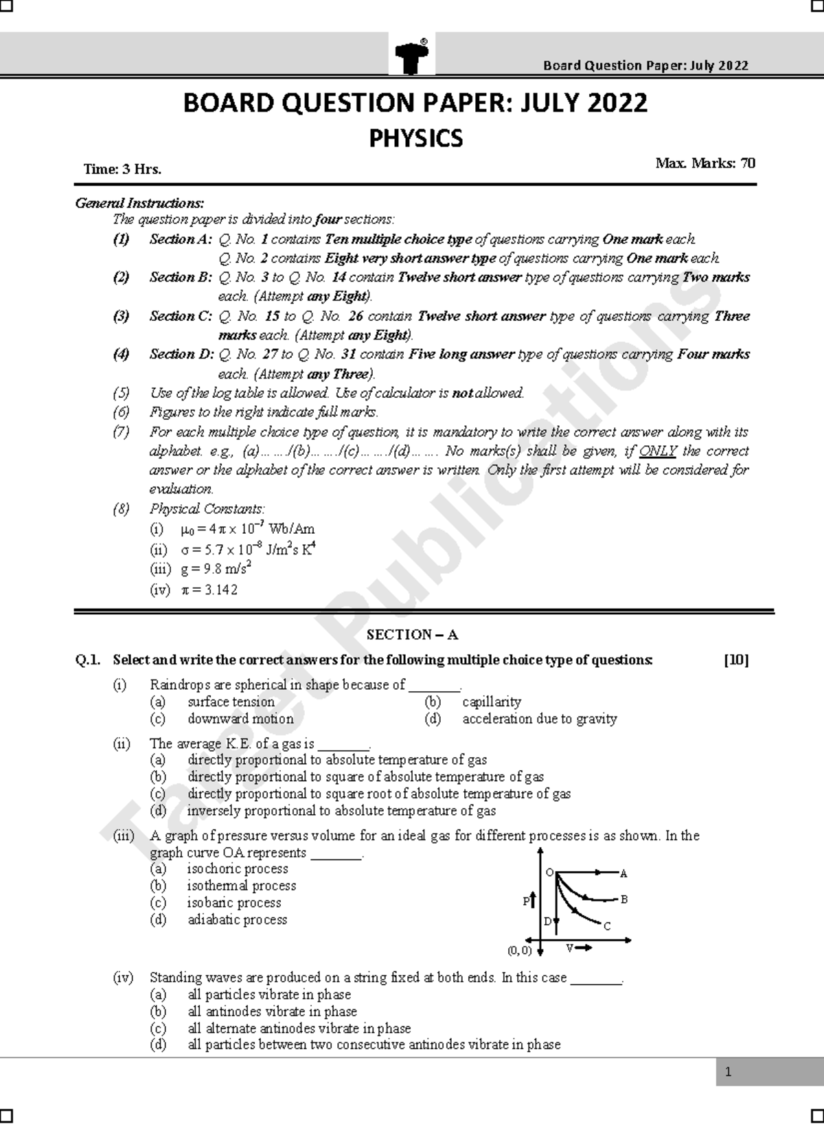 Physics Board Question Paper: July 2022 - Max Marks: 70 - Studocu