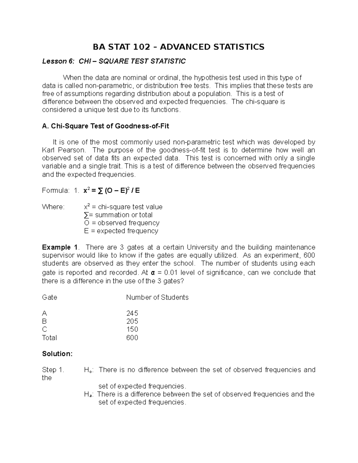 Lesson 6: Chi-Squared Test in BA STAT 102 - Advanced Statistics - Studocu
