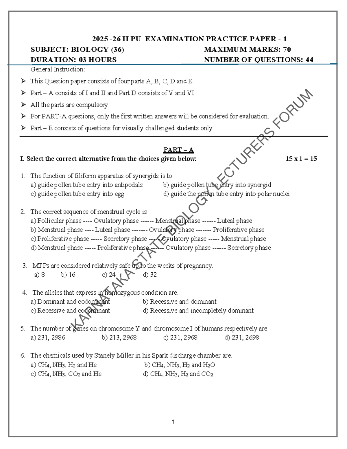 2025 II PU BIOLOGY TEN PRACTICE PAPERS - MAX MARKS: 70 - Studocu