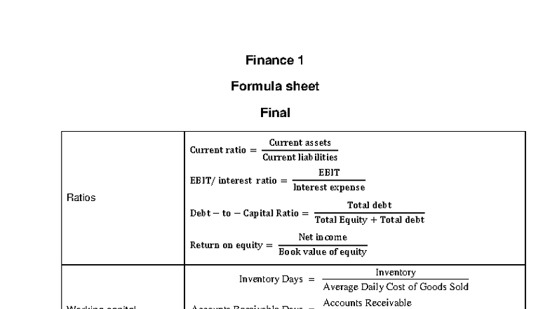 Finance 1 - Final Exam Formula Sheet for Key Ratios and Calculations ...