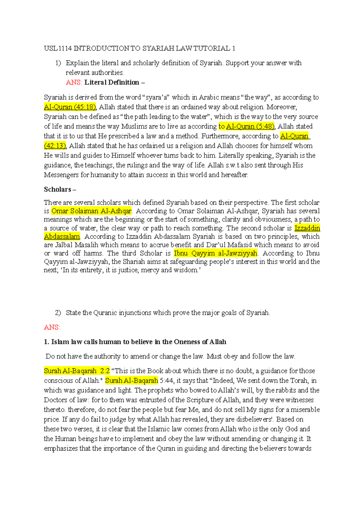 INTRODUCTION TO SYARIAH LAW TUTORIAL 1: Definitions & Quranic Goals ...