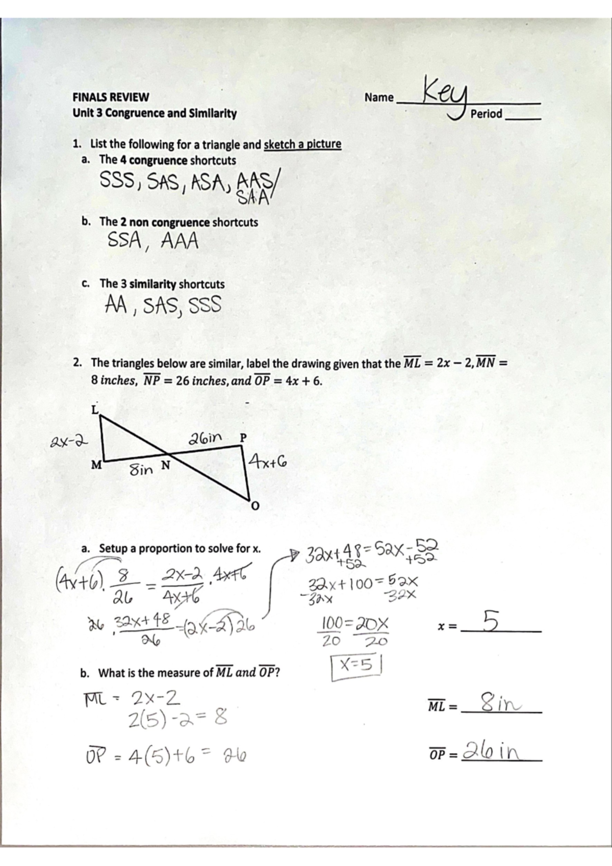 Unit 3 Final Exam Review Key: Congruence & Similarity Concepts - Studocu