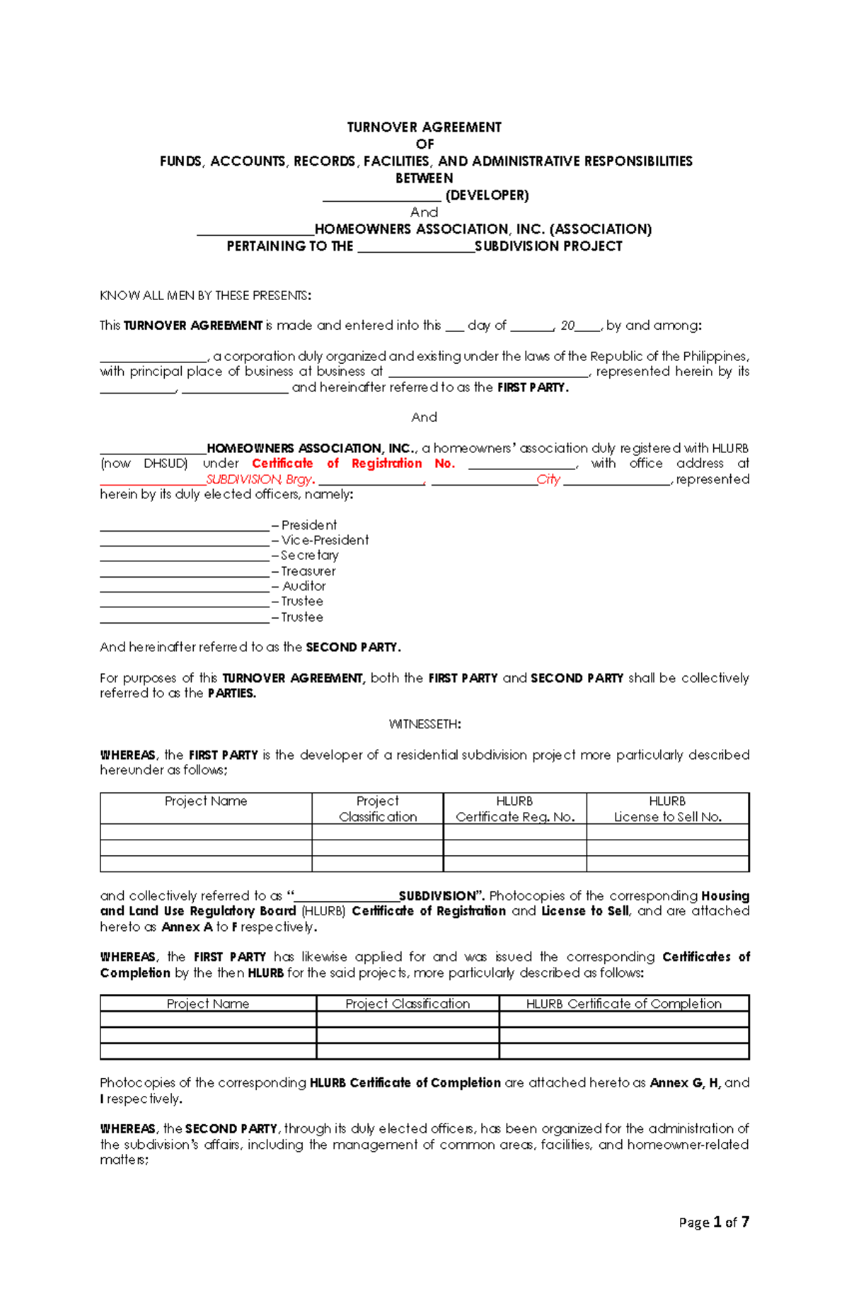 Turnover Agreement of Funds and Responsibilities (Project Code: HLURB ...