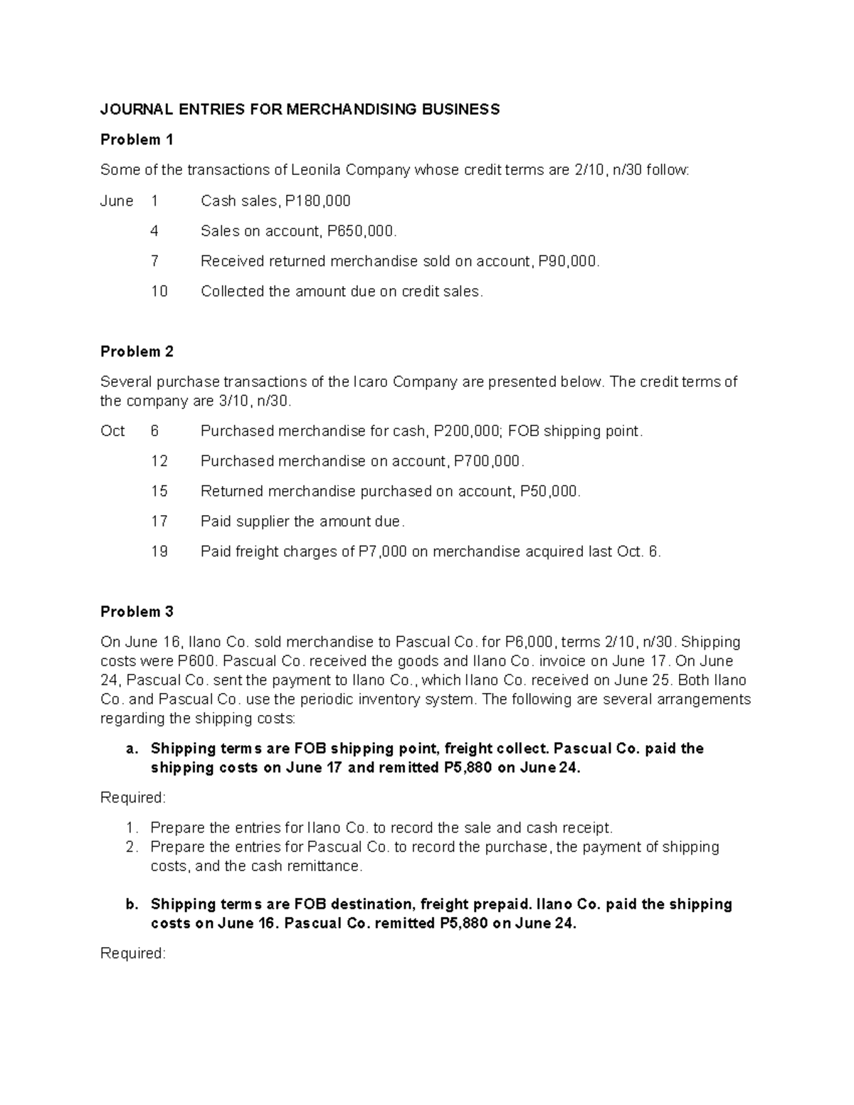Journal Entries for Merchandising Business Activities - Final Exam ...
