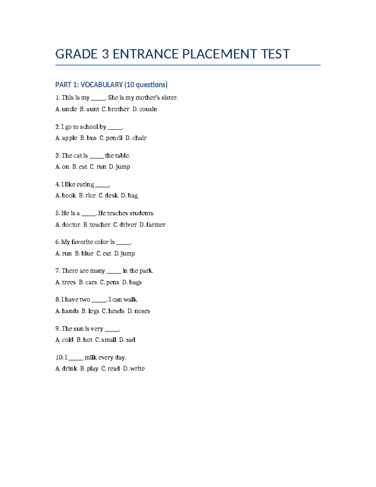 GRADE 3 ENTRANCE PLACEMENT TEST: VOCABULARY & GRAMMAR - Studocu