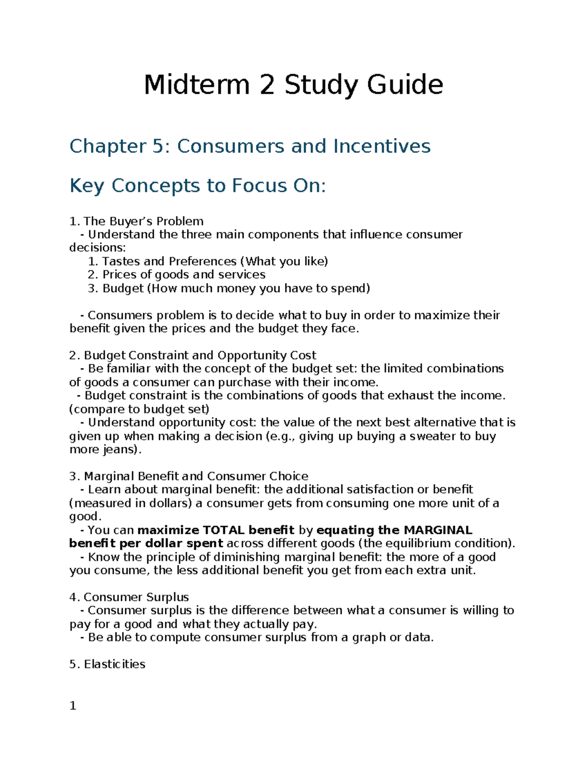 Midterm 2 Study Guide: Key Concepts in Consumer Behavior and Perfect Competition - Studocu
