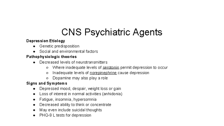 CNS 101: Psychiatric Agents - Depression, Etiology, and Treatments ...
