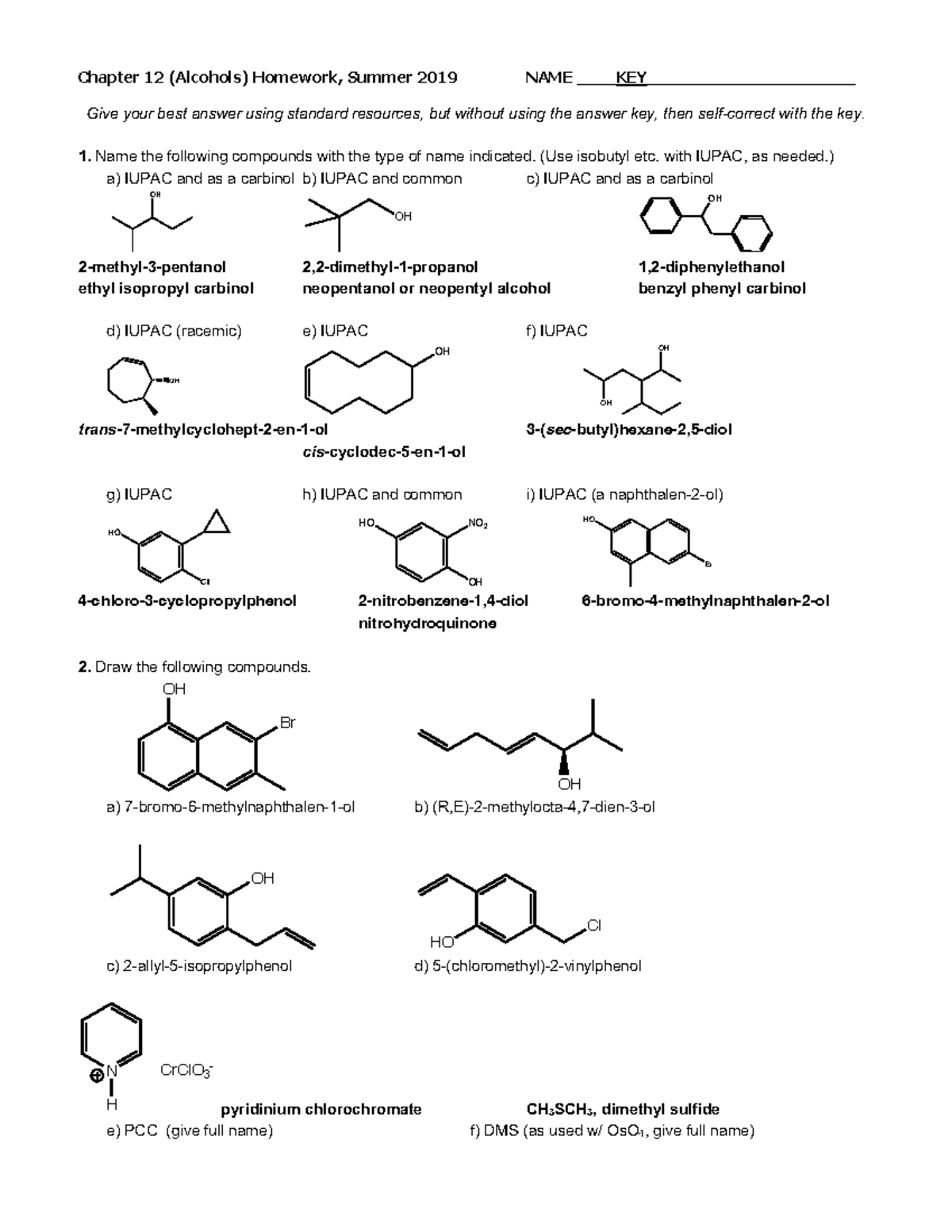 Chap 12 (Alcohols) Homework Solutions & Key, Summer 2019 - Studocu