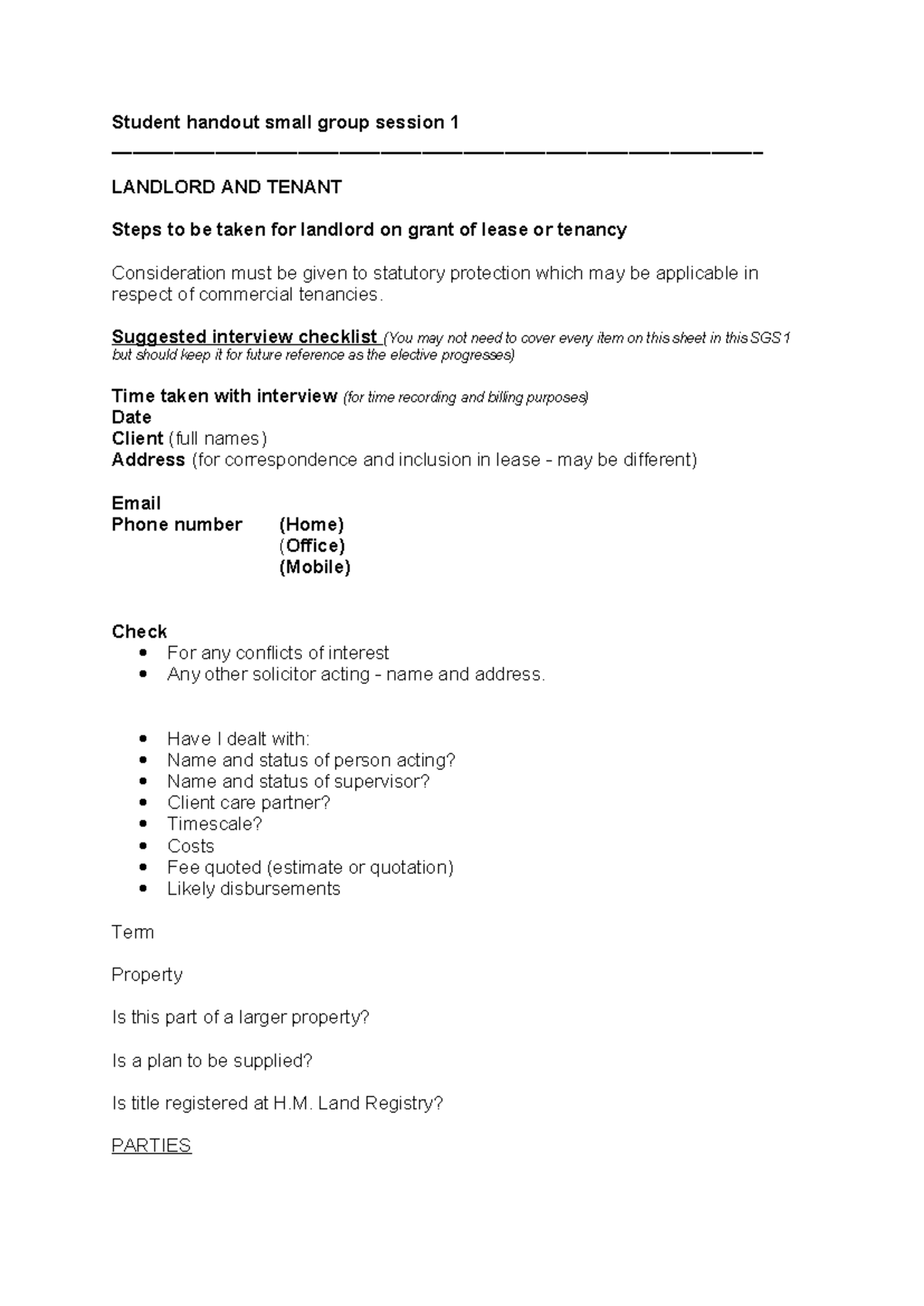Lease Notes exam - Student handout small group session 1 LANDLORD AND ...