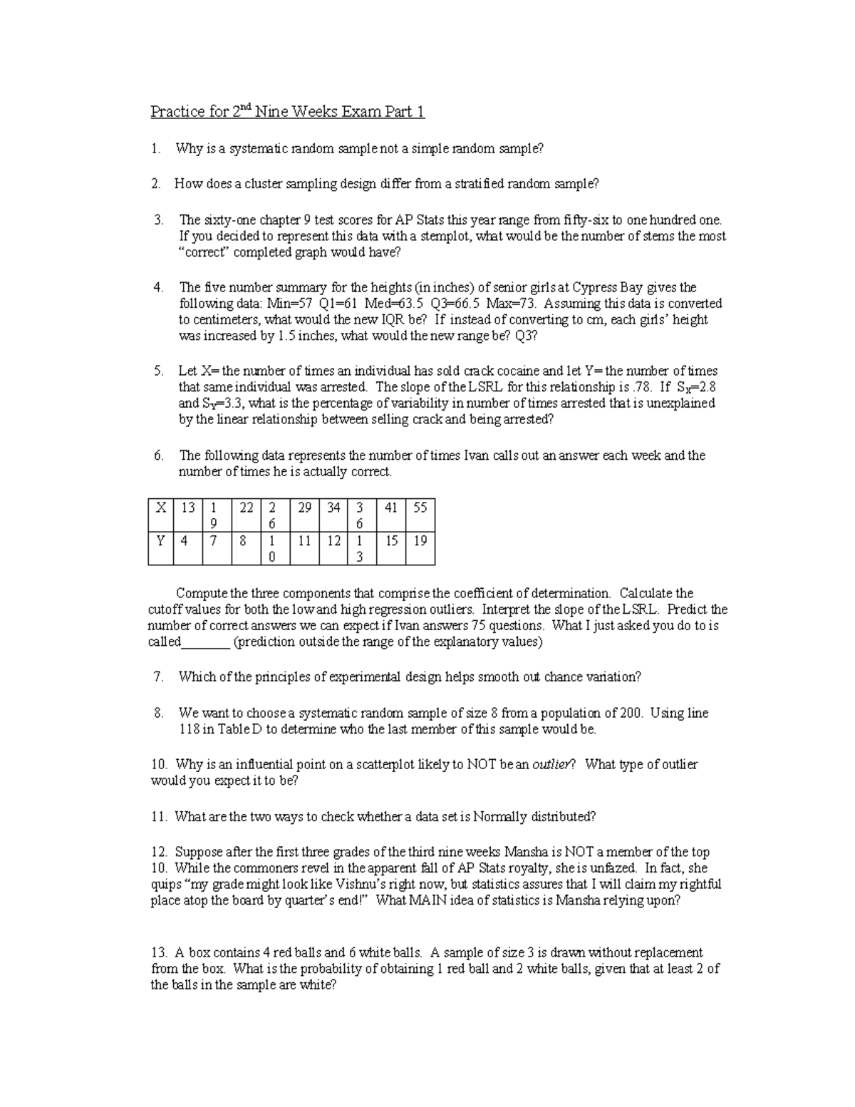 Midterm Practice for AP Stats 2nd Nine Weeks Exam Part 1 - Studocu