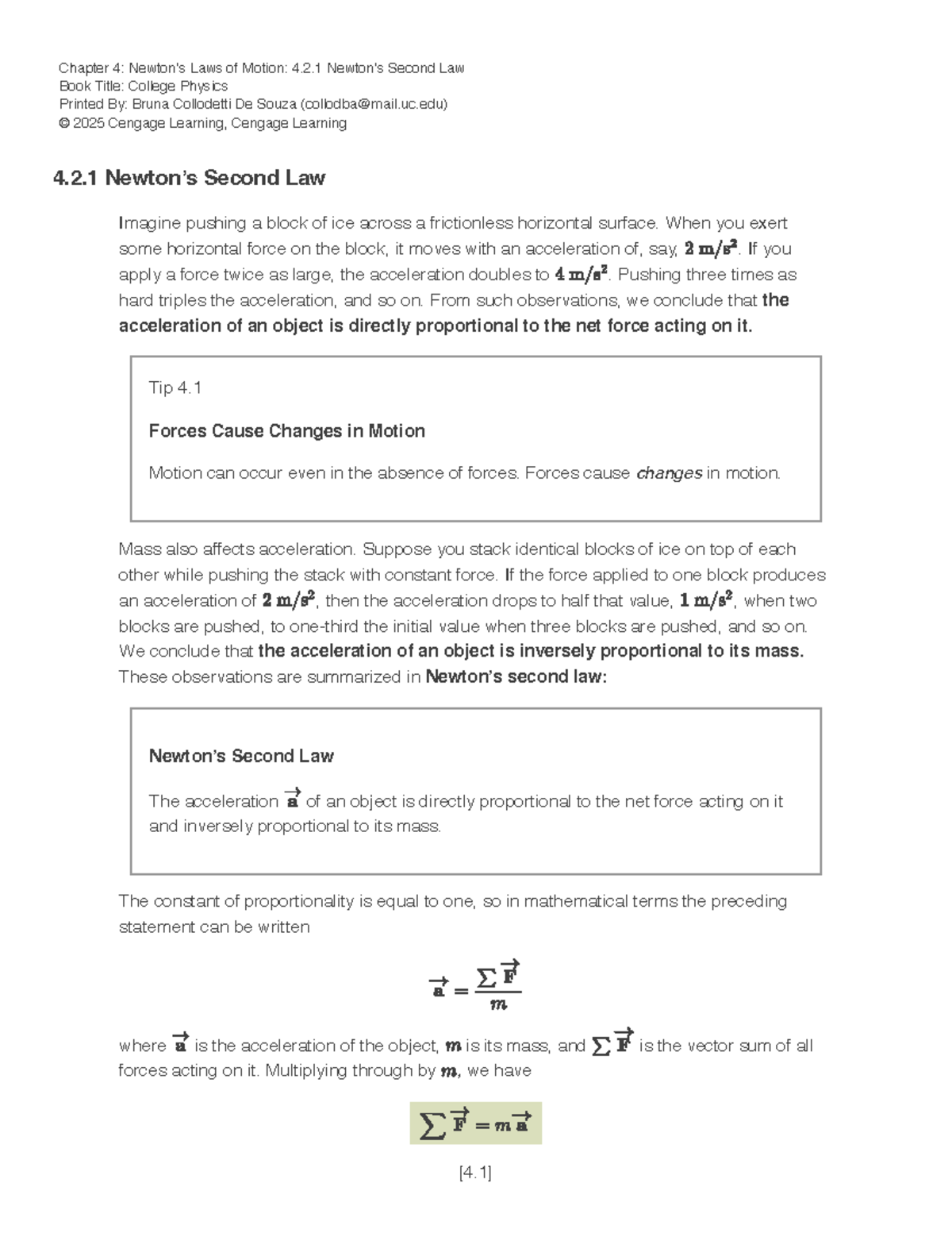 Chapter 4.2.1: Newton's Second Law in College Physics - Studocu