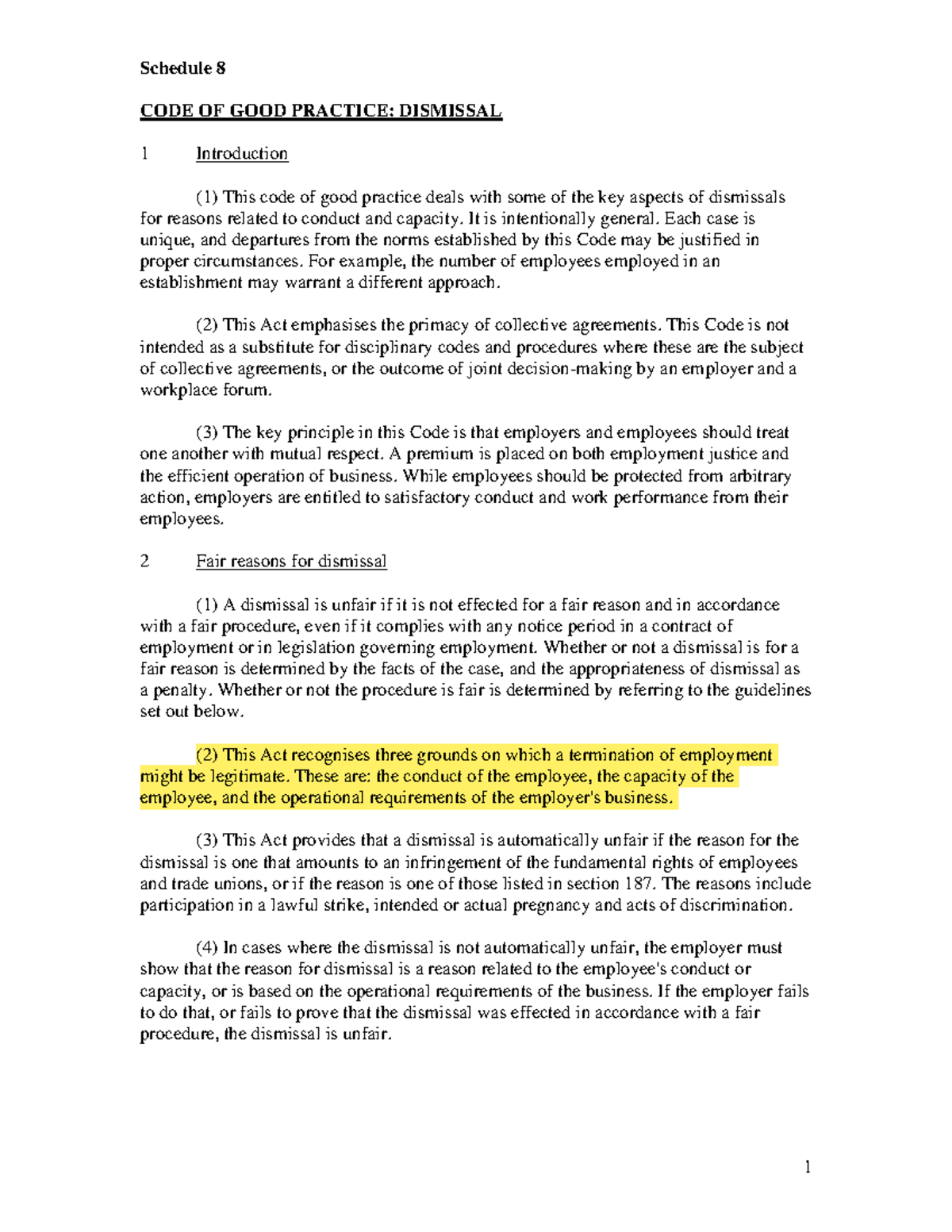 Code of Good Practice for Dismissal: Guidelines and Procedures - Studocu