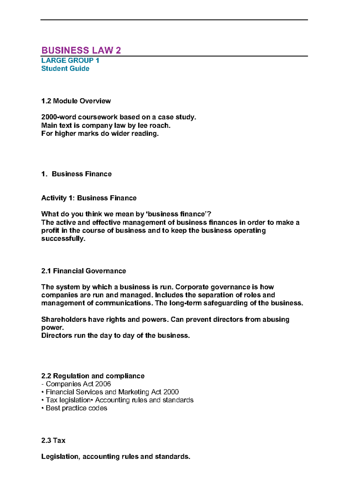 BL2 - LG 1 Business Law Case Study Notes and Module Overview - Studocu