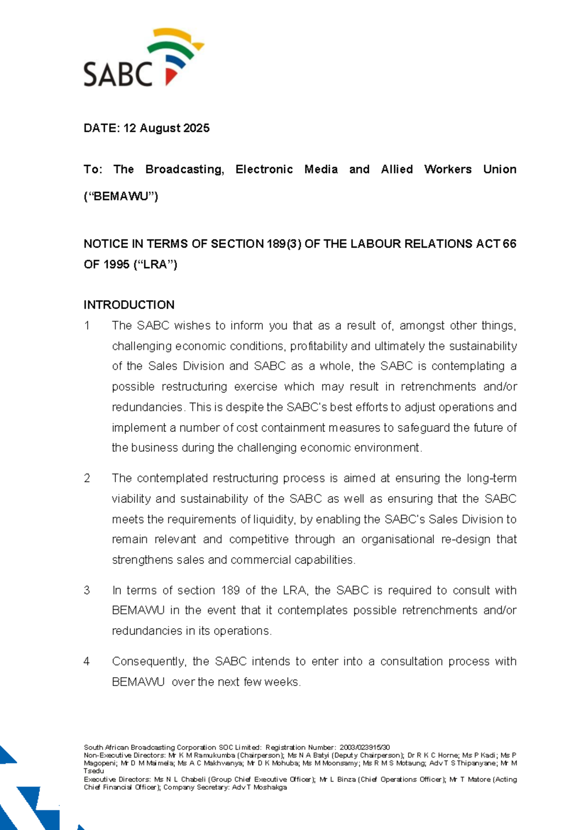 SABC SOC Ltd: Notice on Section 189 Consultation (BEMAWU) - Studocu