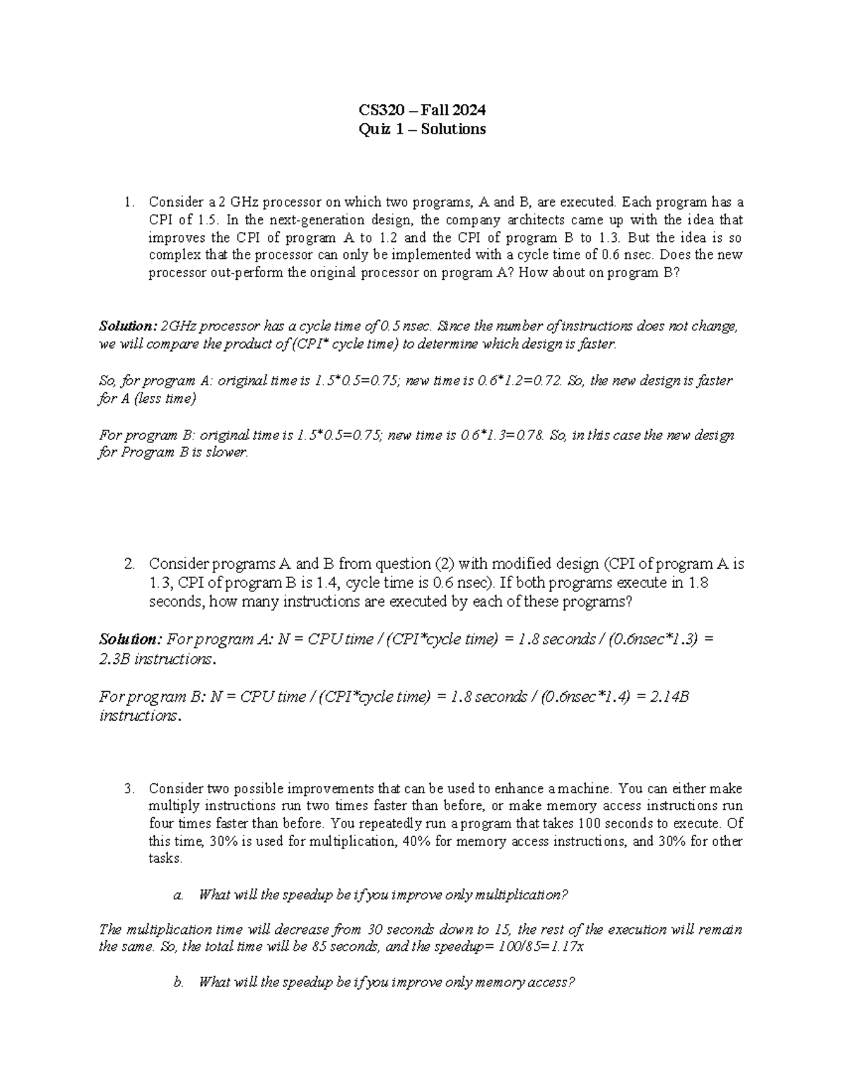 Quiz1 fall2024 solutions - CS320 – Fall 2024 Quiz 1 – Solutions 1 ...