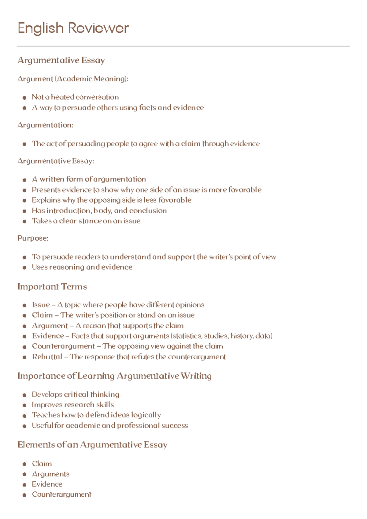 ENG 101: Argumentative Essay Writing Guide and Key Concepts - Studocu