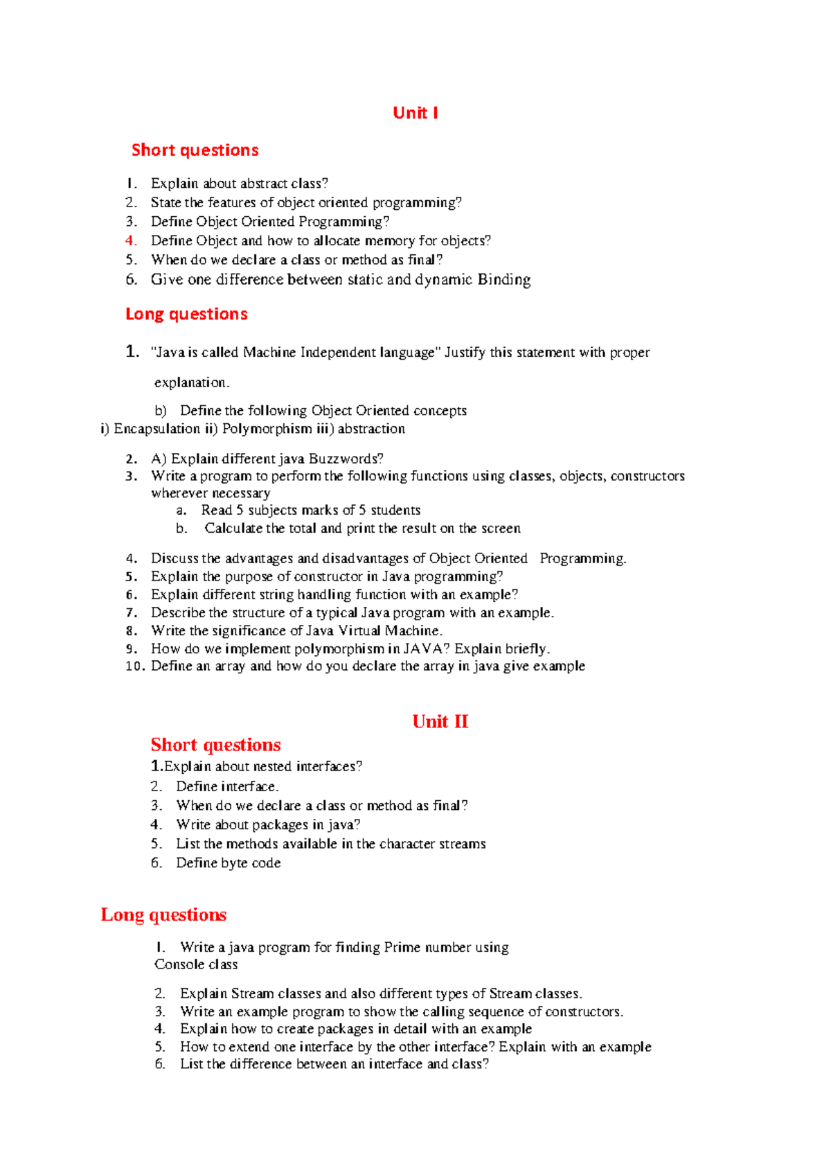 Java Programming Concepts: Unit I-IV Short & Long Questions Guide - Studocu