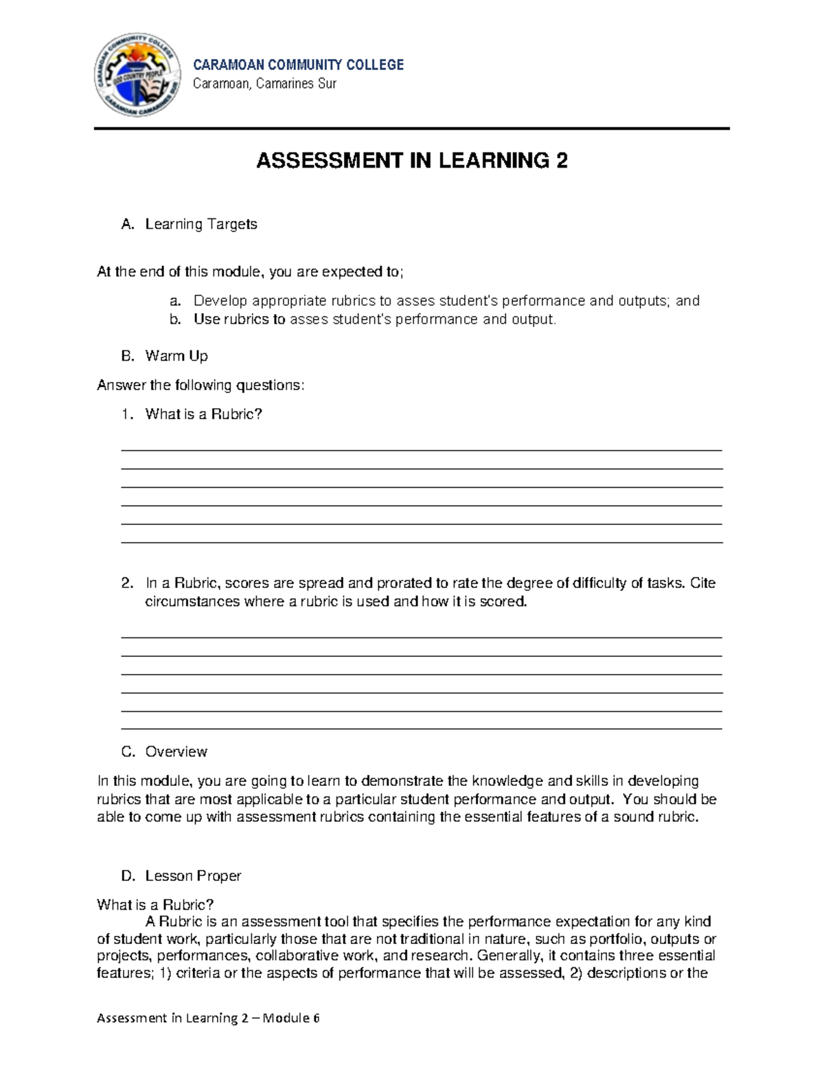 Assessment in Learning 2 (Prof Ed 9) Module 6: Developing Rubrics - Studocu