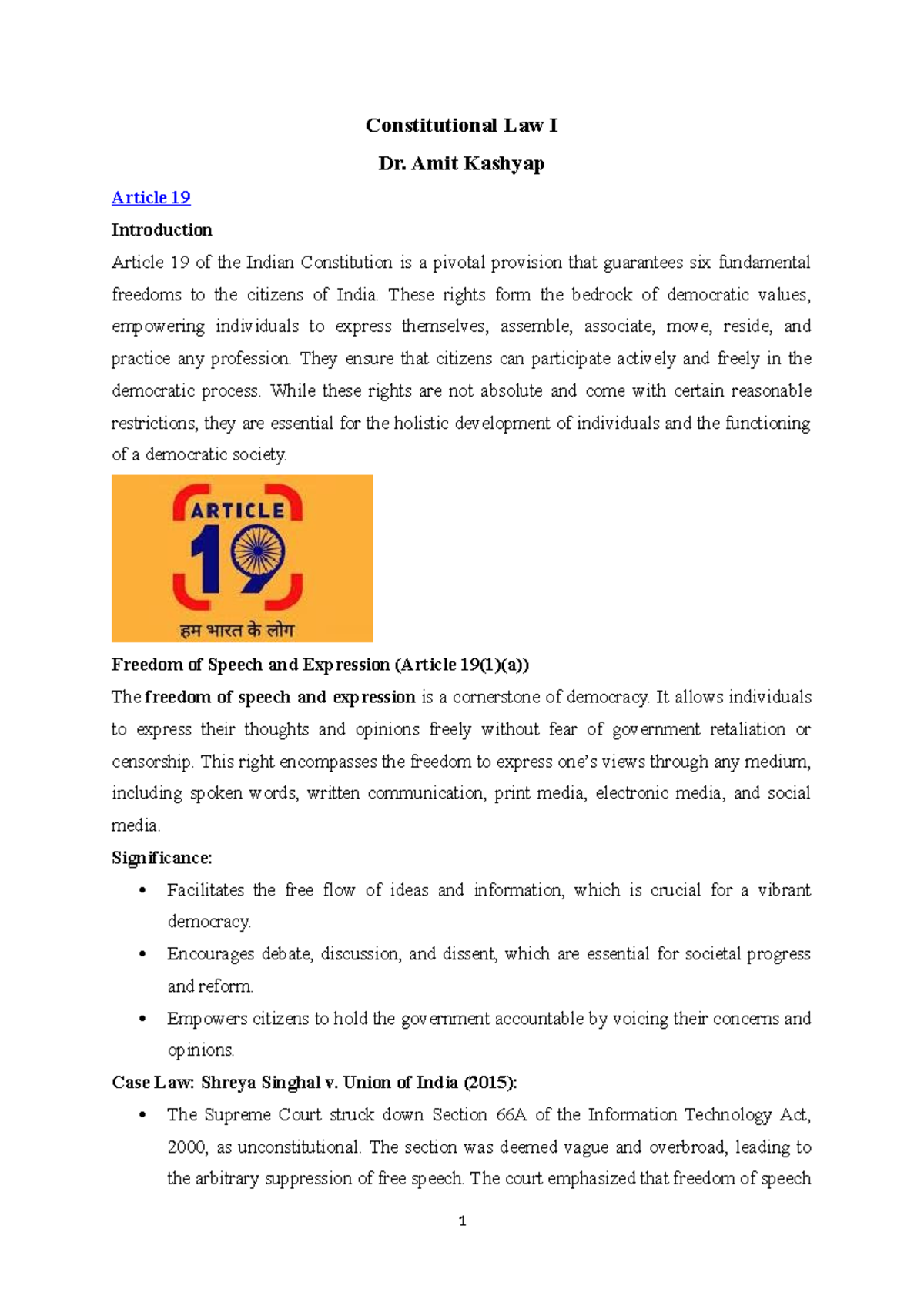 Constitutional Law I Lecture Notes: Key Articles 19, 17 & 20 Overview ...