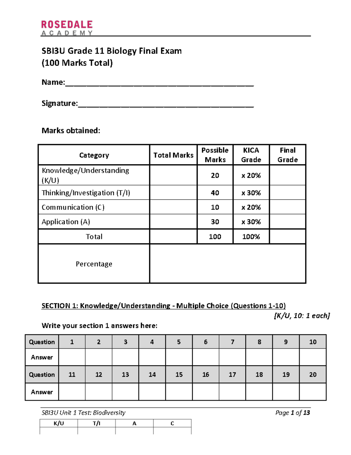 SBI3U Grade 11 Biology Final Exam Review and Answer Sheet - Studocu