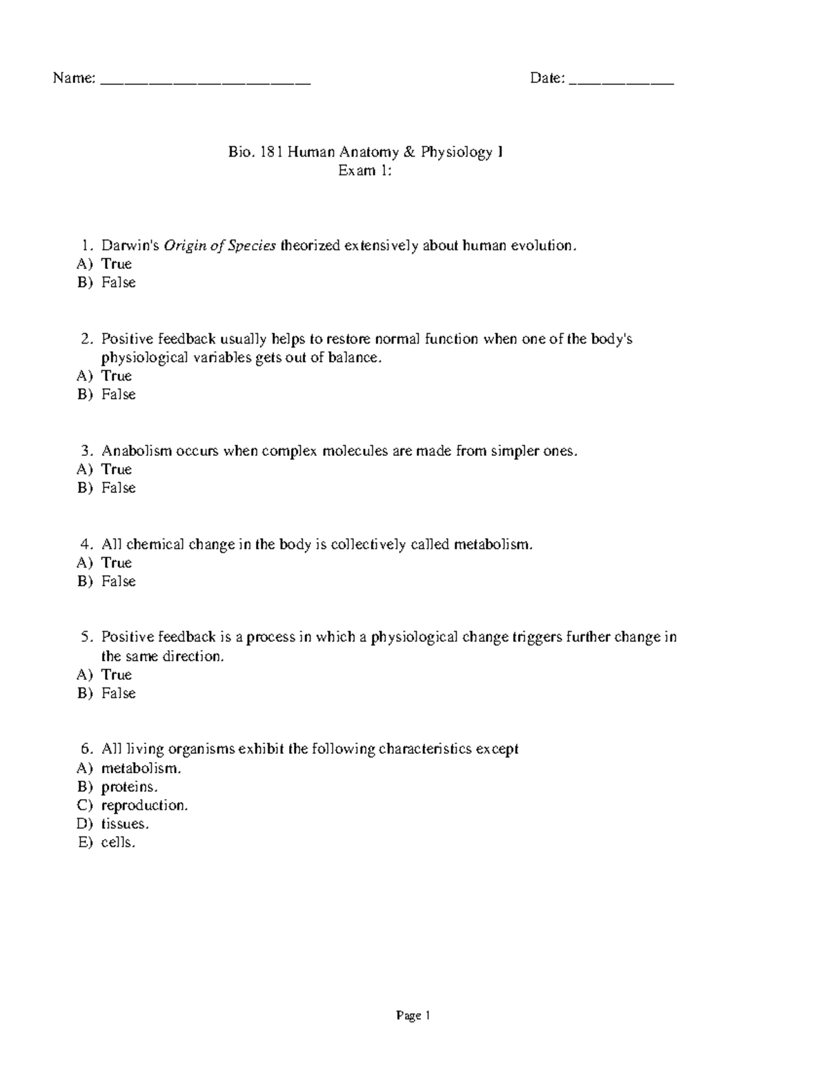 Bio 181 Exam 1 Sample with Answer Key - Studocu