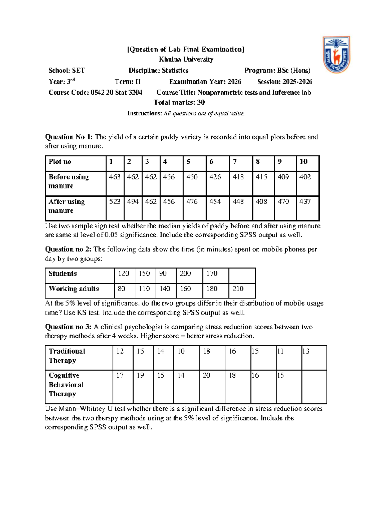 Lab Final Exam: Nonparametric Tests & Inference - Stat 3204 - Studocu