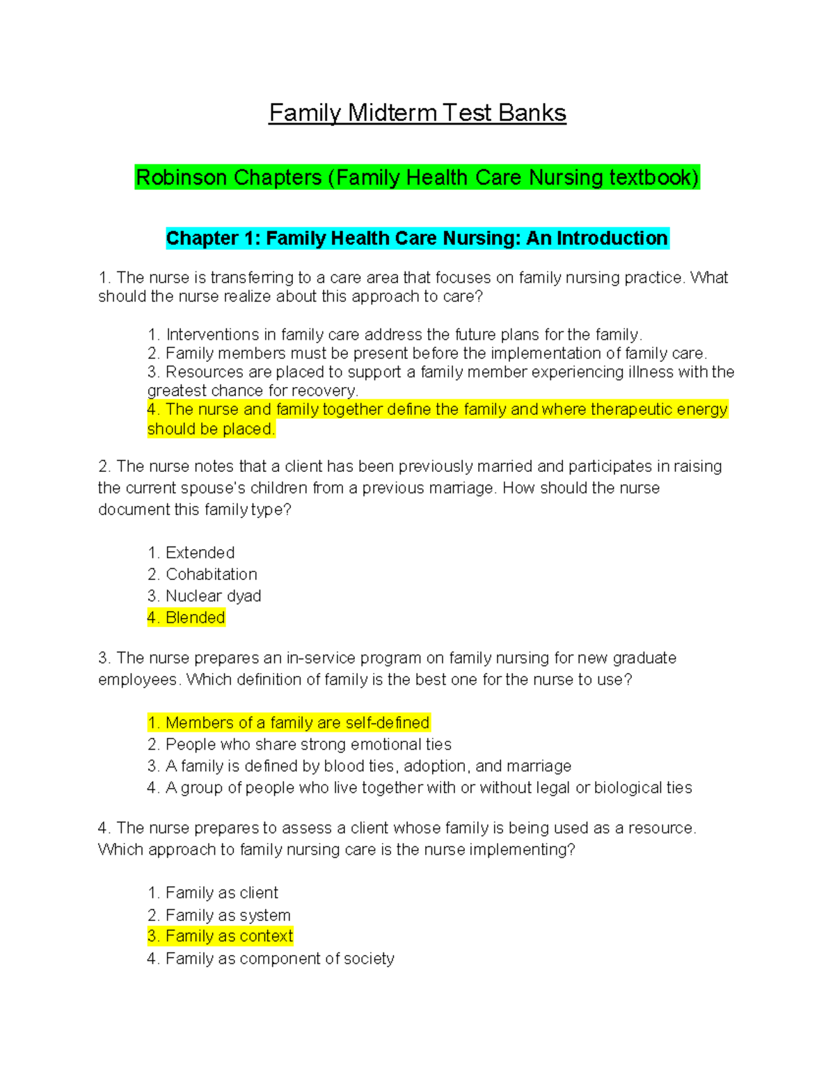 Family Nursing Midterm Test Banks (Robinson Chapters) - Studocu