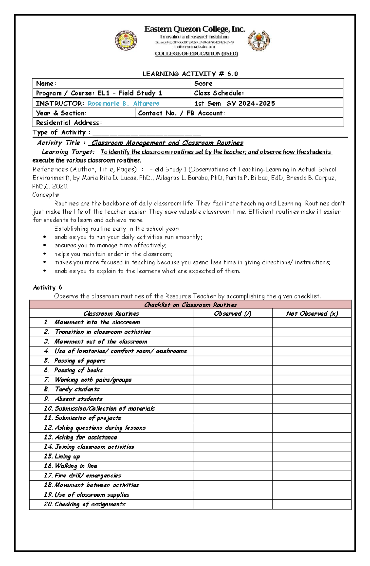 EL1 Field Study 1: Classroom Management & Routines Observations - Studocu