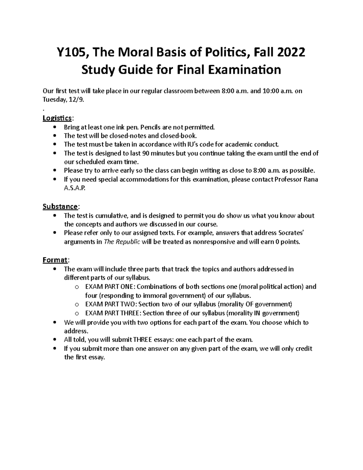 Y105 Final Exam Study Guide - The Moral Basis of Politics, Fall 2022 ...