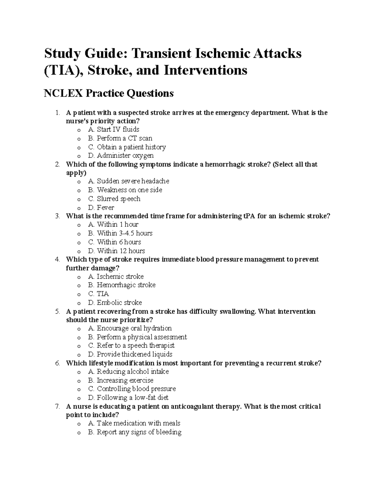 Study Guide: Transient Ischemic Attacks (TIA) & Stroke NCLEX Prep - Studocu