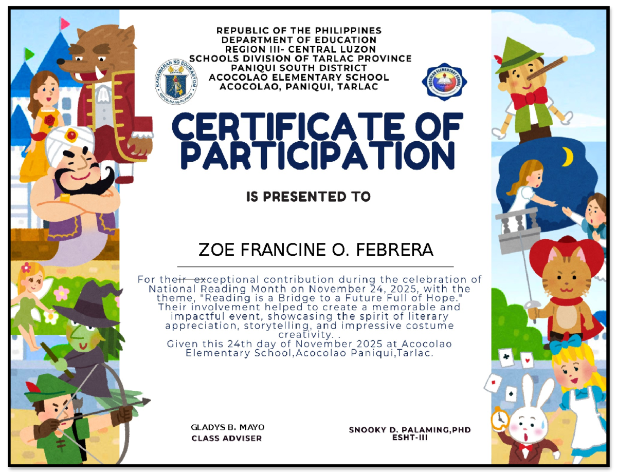 Certificate of Participation - National Reading Month 2025 - Studocu