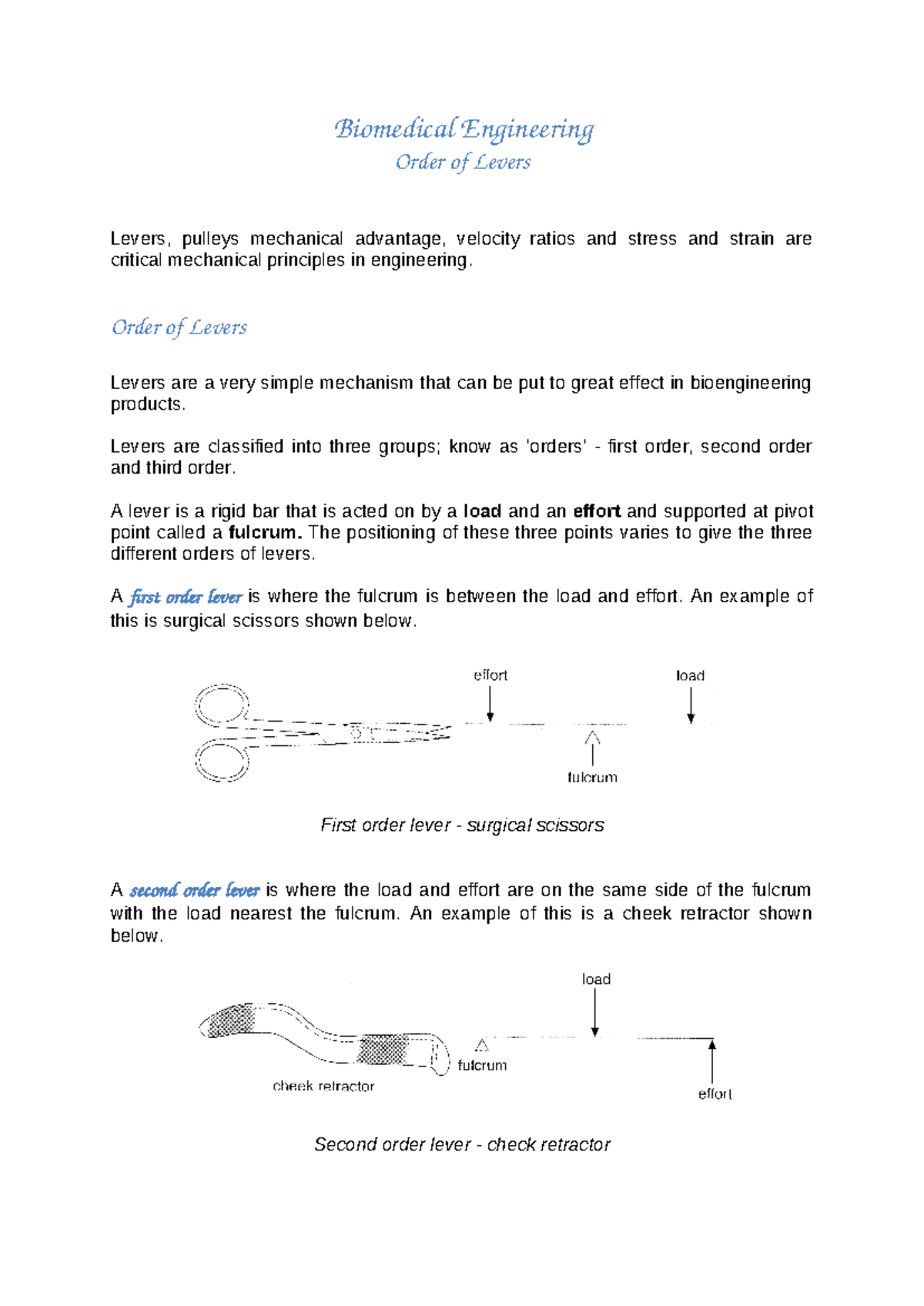 Biomedical Engineering - The Mechanics of Lever Orders Explained - Studocu