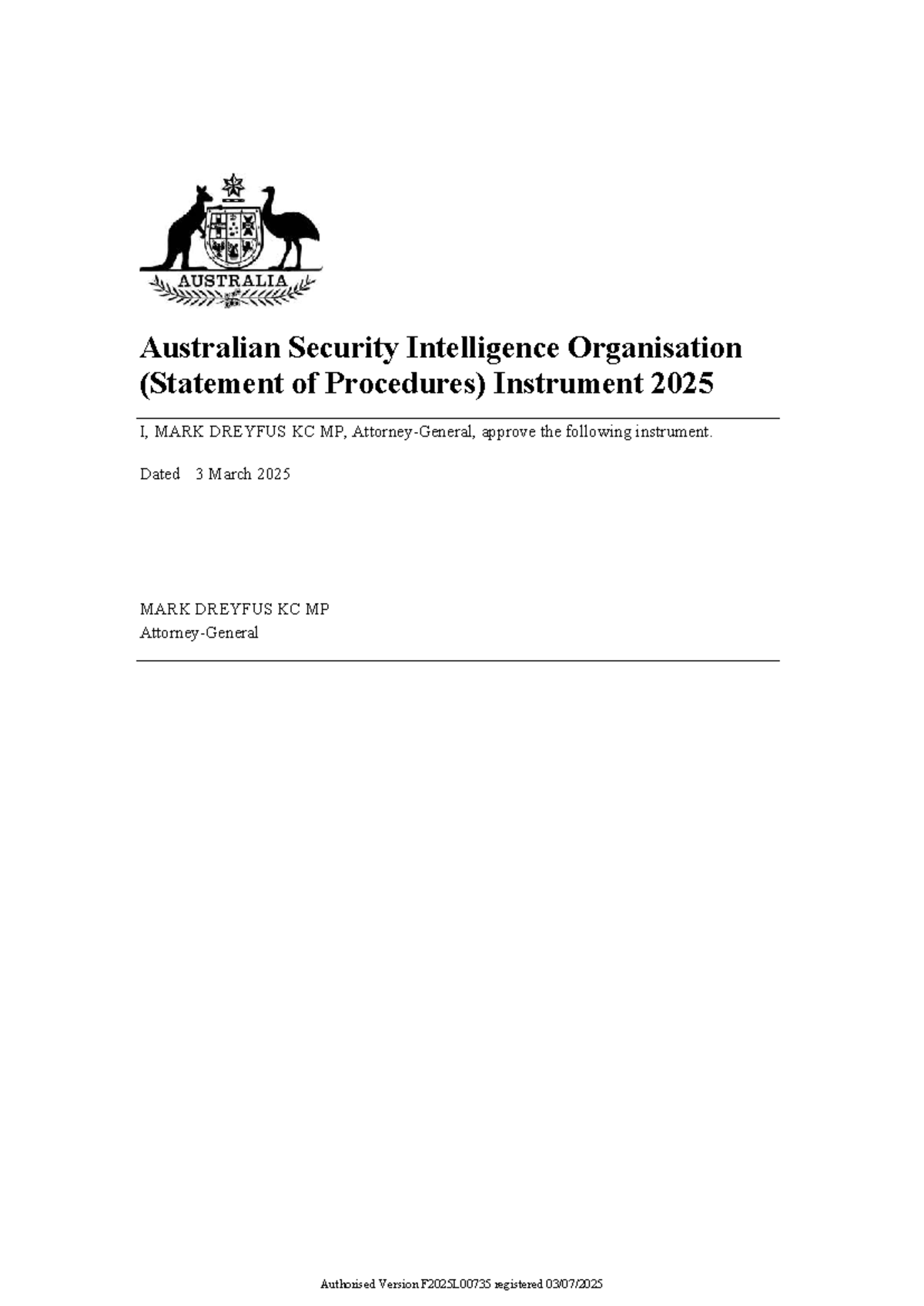 Australian Security Intelligence Organisation Procedures Instrument ...