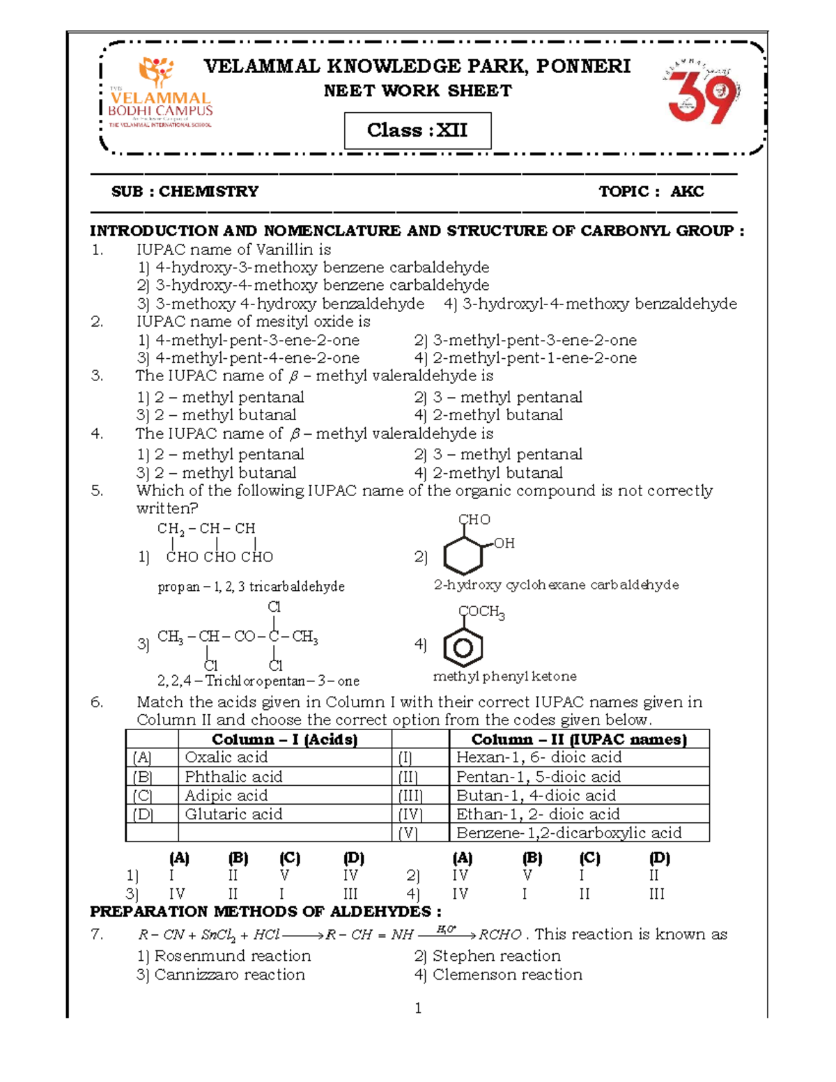 19. AKC - Chemistry - NEET Carbonyl Group Worksheet - Studocu