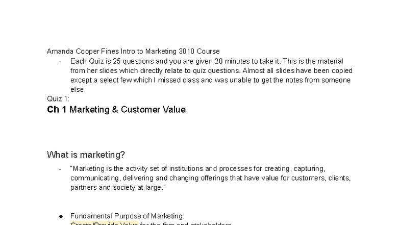 Intro to Marketing 3010: Quiz Study Notes and Key Concepts - Studocu