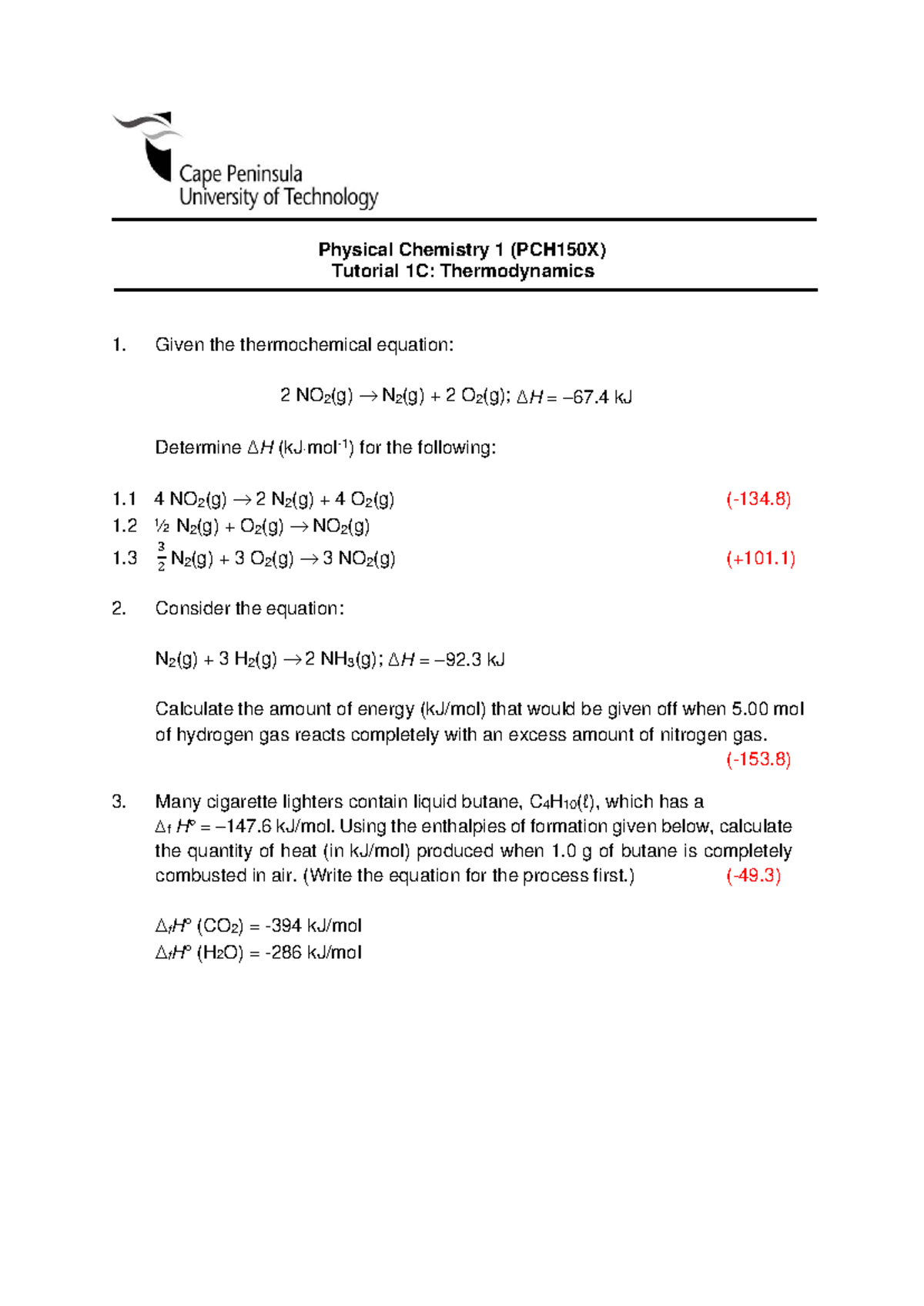 Physical Chemistry 1 (PCH150X) Tutorial 1C: Thermodynamics Problem Set ...