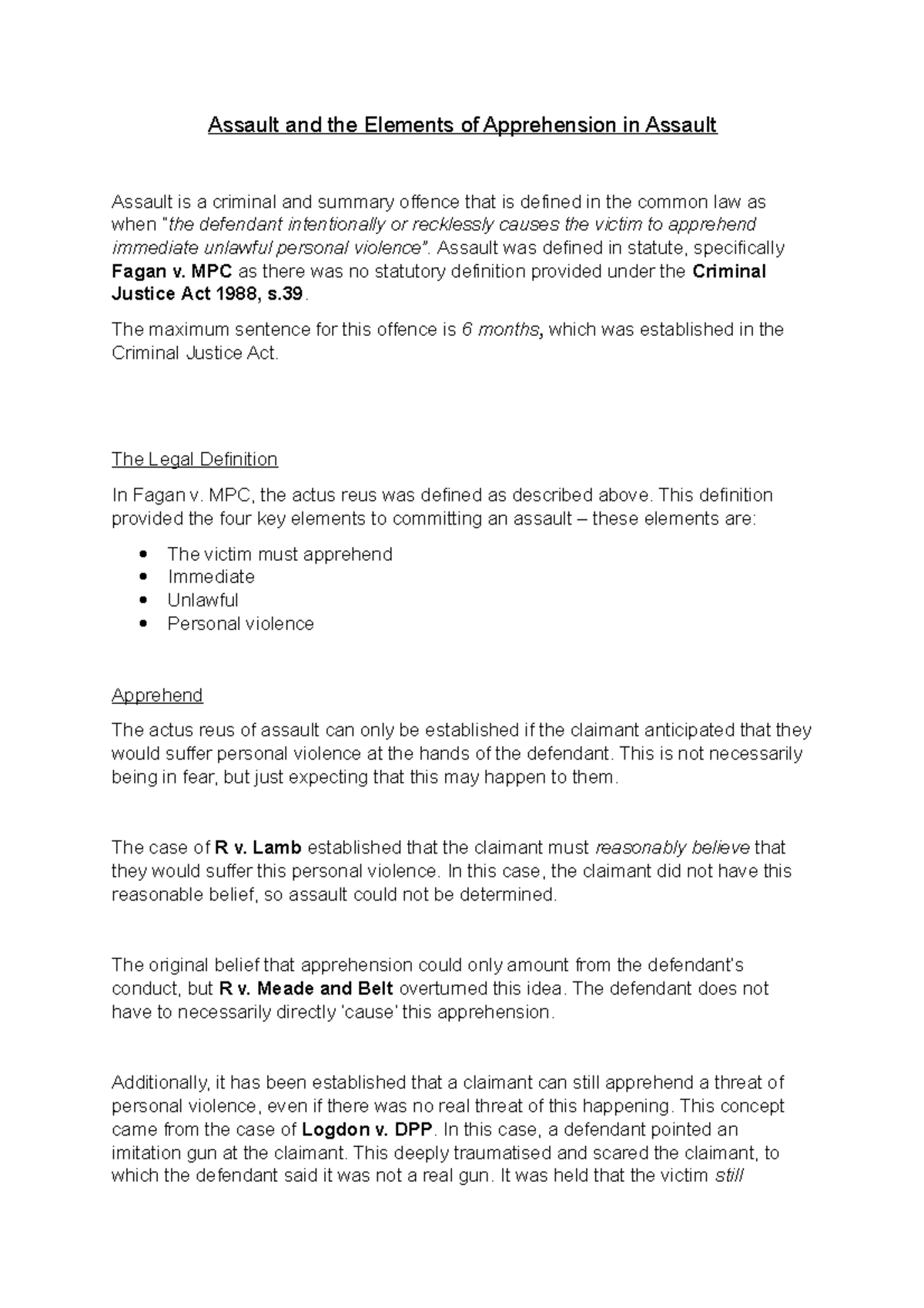 ASSA 101: Understanding the Elements of Apprehension in Assault - Studocu