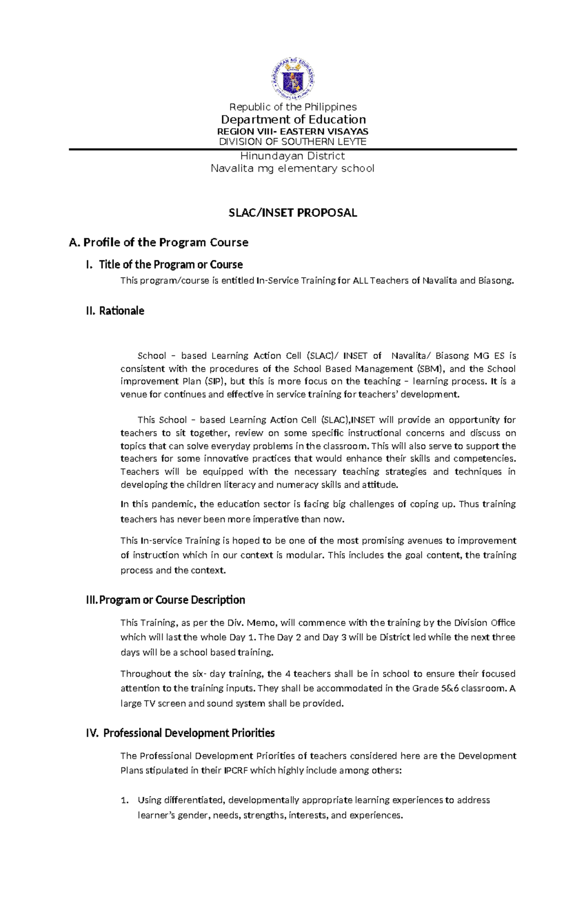 Inset Training Proposal - Department of Education REGION VIII- EASTERN ...