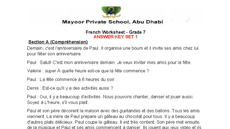 French Worksheet Grade 7 Answer Key Set 1 - PT1 2025 - Studocu