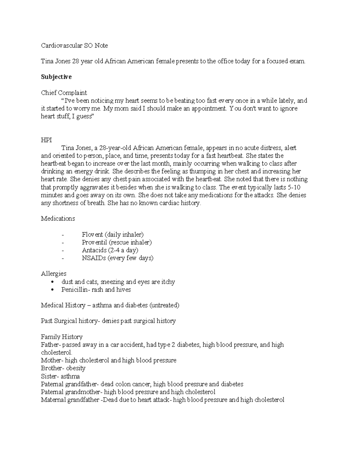 Cardiovascular SOAP Note for Tina Jones (28 y/o Female) - Studocu