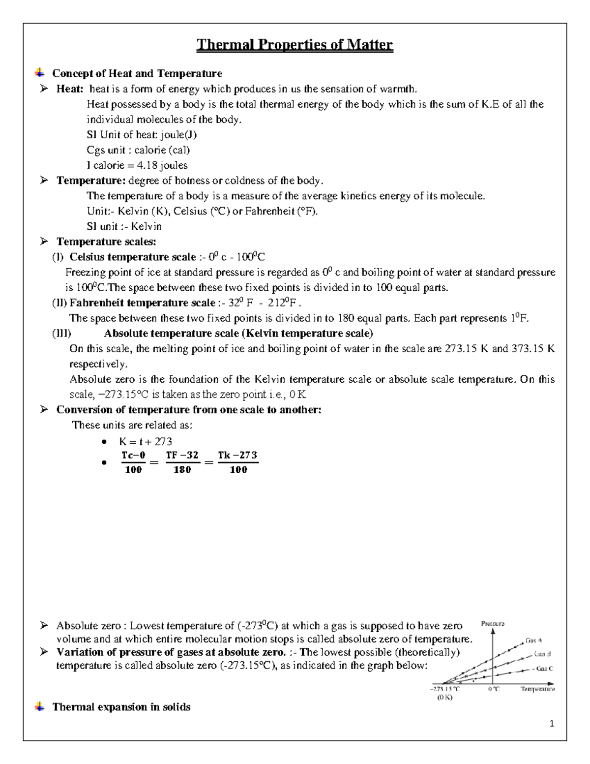 Thermal Properties of Matter: Heat, Temperature, and Expansion Notes ...