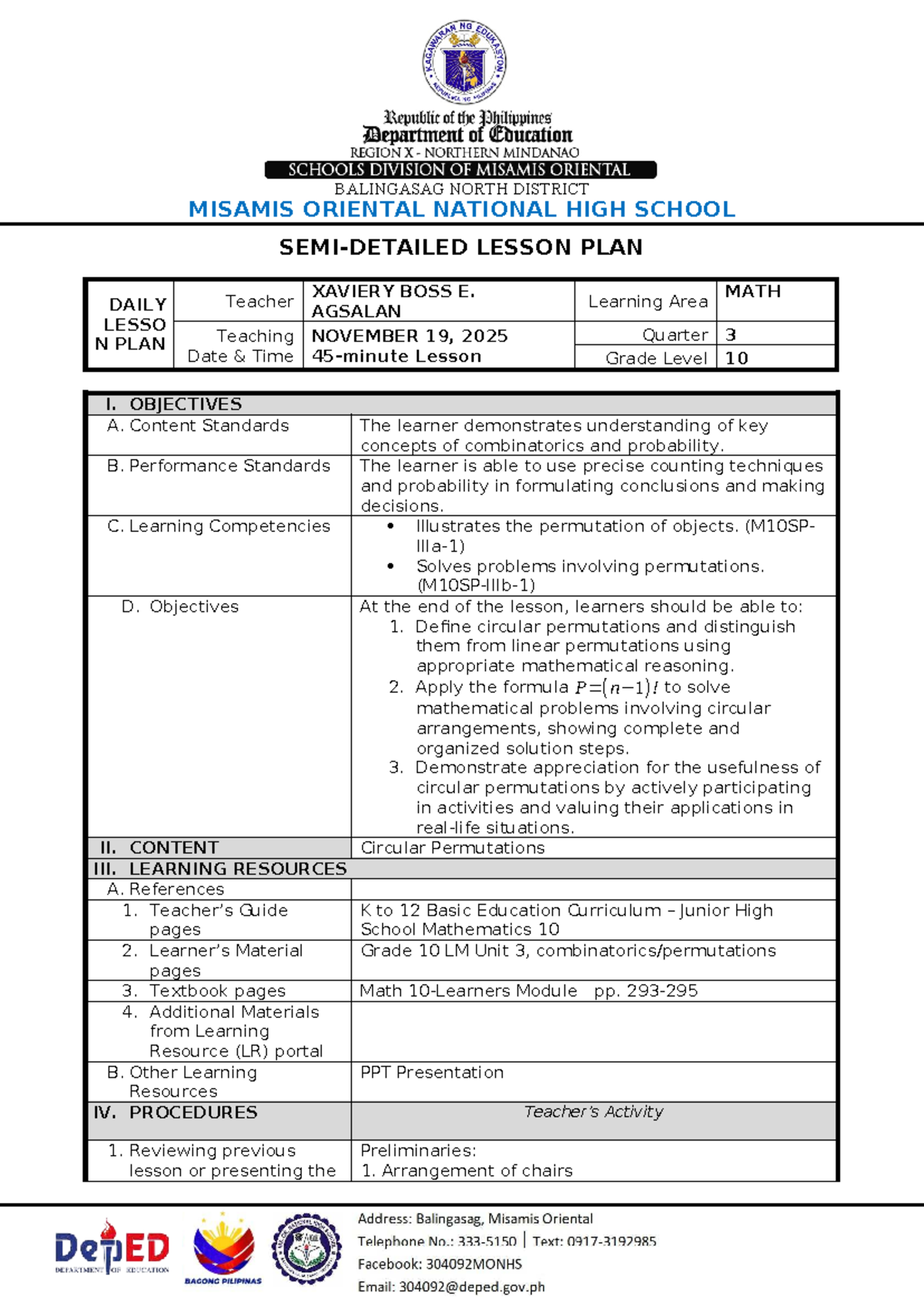 Math 10 Q3 Lesson Plan: Circular Permutation Concepts - Studocu