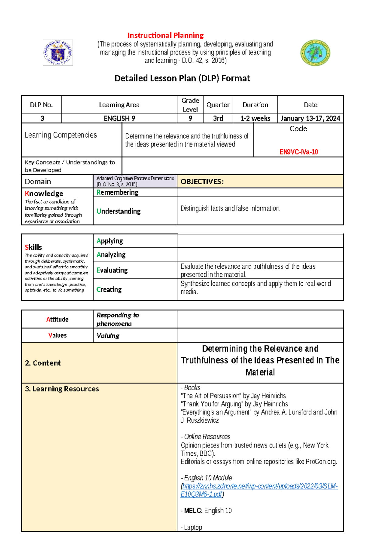 A Semi Detailed Lesson Plan Q3 W3 - Instructional Planning (The process ...