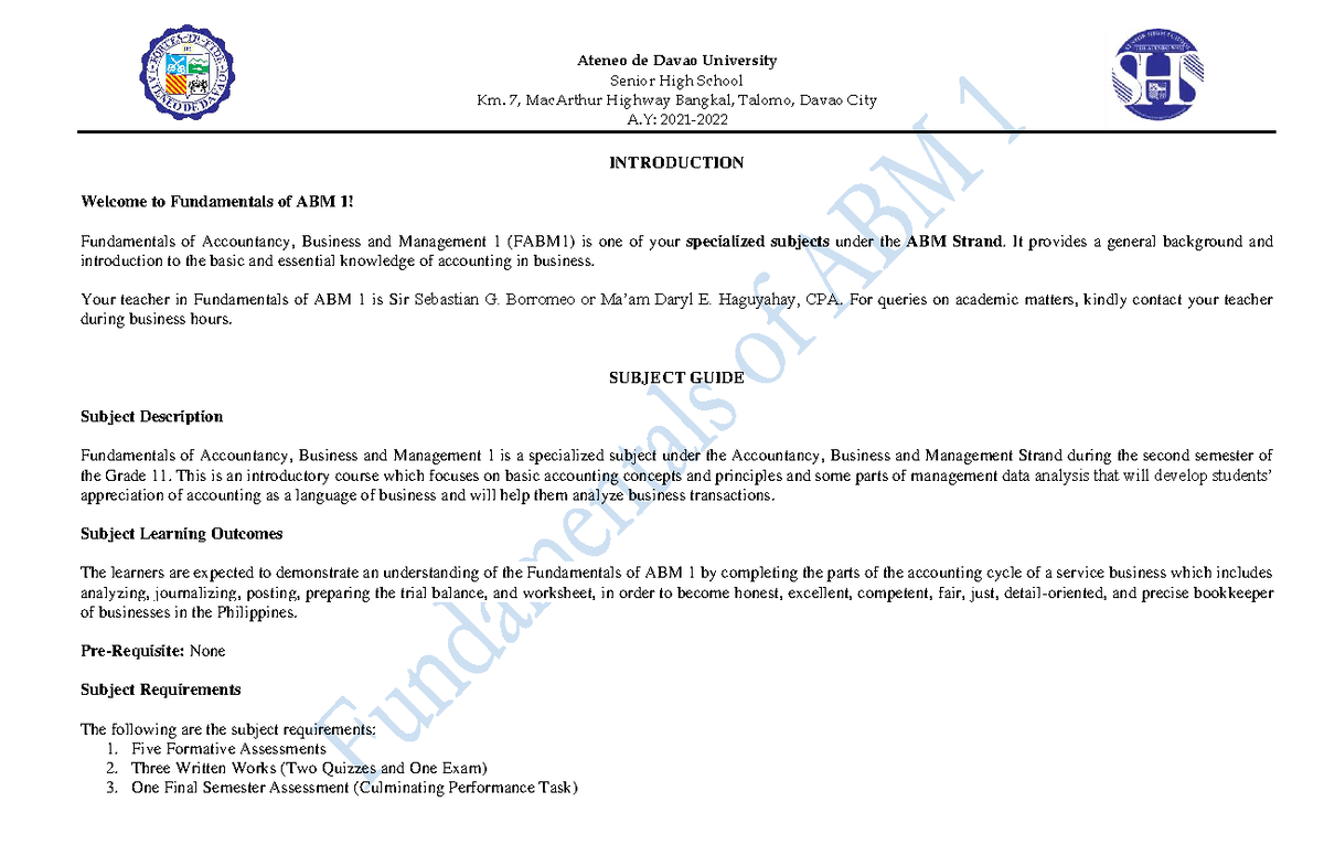 FABM1 Subject Guide: Introduction to Accounting and Business Management ...