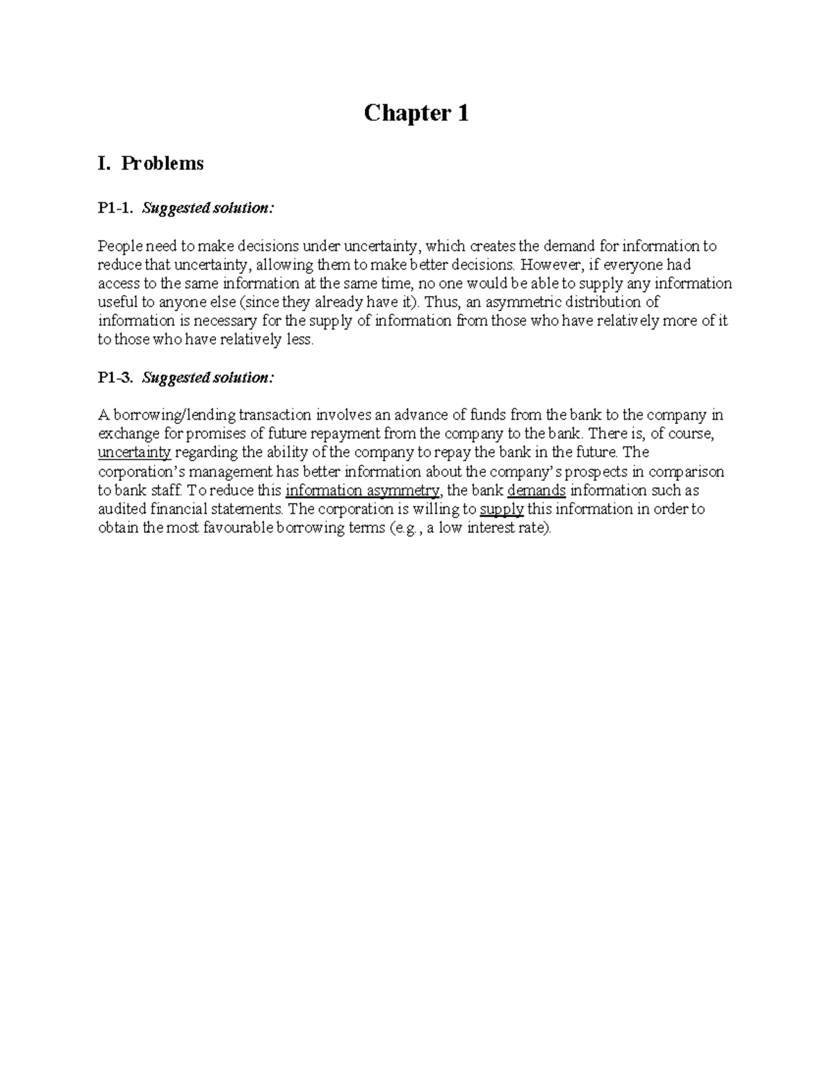 Chapter 1 - Suggested Solutions to Information Asymmetry Issues - Studocu