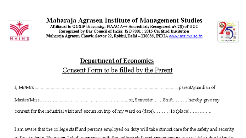 Consent Form for Industrial Visit - Dept. of Economics - Studocu