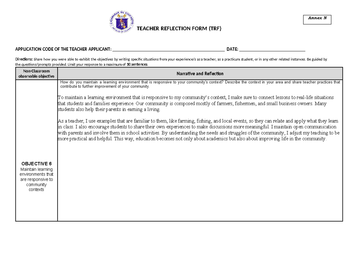 Annex-N-Teacher-Reflection-Form.docx - TEACHER REFLECTION FORM (TRF) APPLICATION CODE OF THE ...