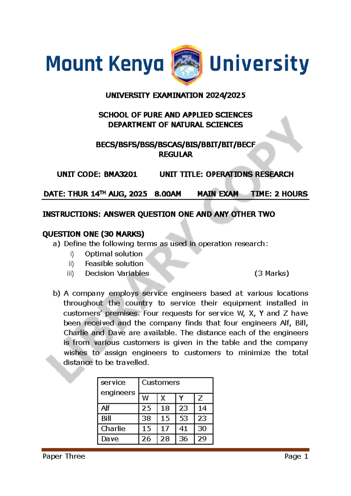 BMA3201 Operations Research Final Exam Questions and Solutions - Studocu