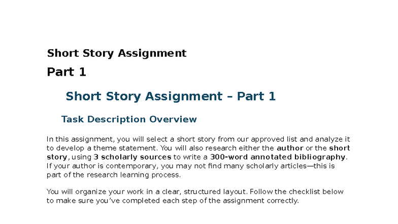 Short Story Assignment Unit Final Summative 1 - Short Story Assignment ...